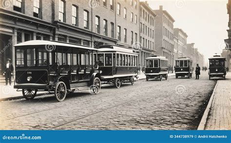 Historical Image Of Early Streetcars And Carriages On A Cobbled 19th