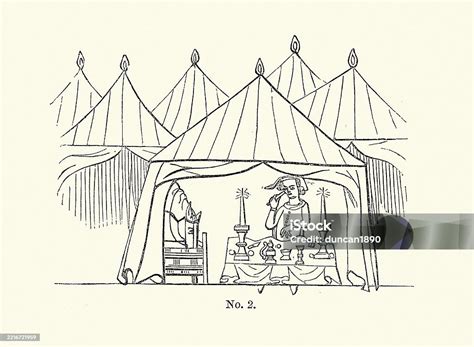 중세 기사들이 캠페인을 하는 동안 말과 함께 텐트에 있는 모습 빈티지 일러스트레이션 기사 사람의 역할에 대한 스톡 벡터 아트 및 기타 이미지 기사 사람의 역할 판화