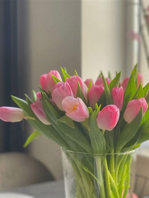 Pink Tulips in a Clear Vase for a Beautiful Dining Room Table