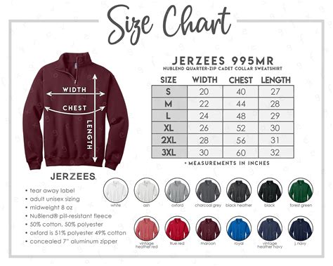 Jerzees 995mr Size Color Chart 13 Colors Jerzees Nublend Etsy