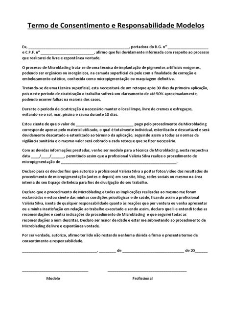 1 Termo De Consentimento E Responsabilidade Modelos Doc 4 Pdf