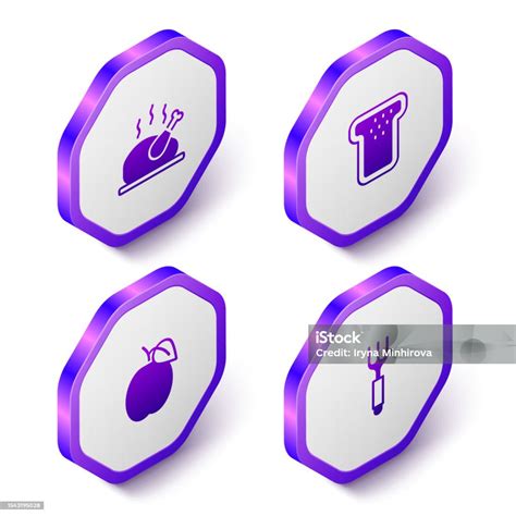 아이소메트릭 구운 칠면조 또는 닭고기 빵 토스트 자두 과일 및 포크 아이콘을 설정합니다 보라색 육각형 버튼 벡터 3차원 형태에 대한 스톡 벡터 아트 및 기타 이미지 Istock