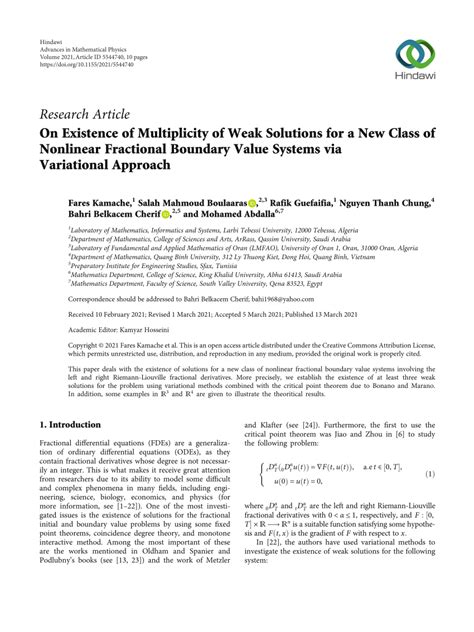 Pdf On Existence Of Multiplicity Of Weak Solutions For A New Class Of Nonlinear Fractional