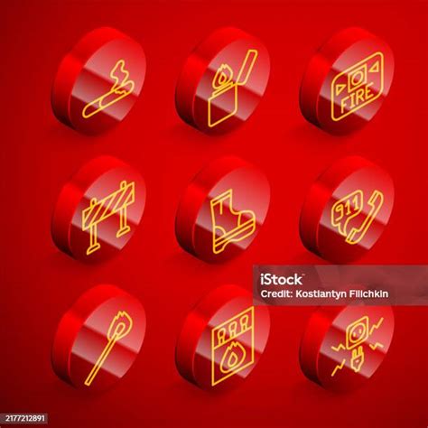 담배 라이터 화재 경보 시스템 도로 장벽 부츠 전화 911 화재 및 성냥갑 및 성냥 아이콘으로 불타는 성냥을 설정합니다 벡터 3차원 형태에 대한 스톡 벡터 아트 및 기타