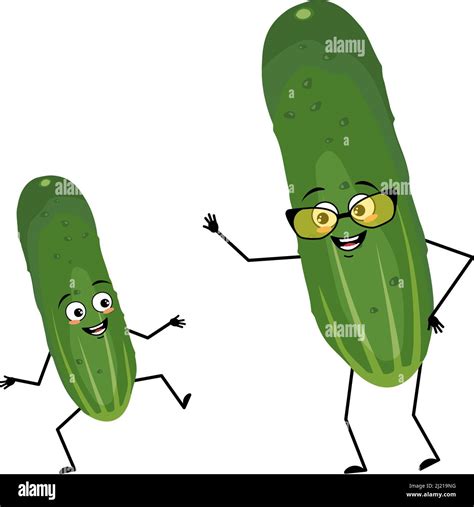 Cucumber Character With Glasses And Grandson Dancing Character With Happy Emotion Joyful Face