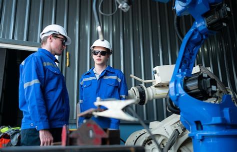 Premium Photo Industrial Workers Working With Robotic Arm Welding Machine In Factory Robotic
