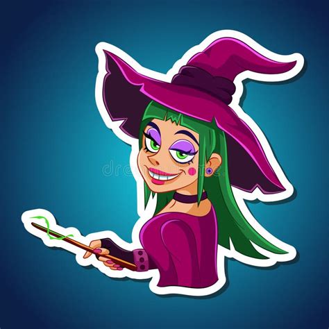 Witch With A Magic Wand Cartoon Character Halloween Sticker Vector