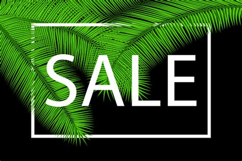 판매 배너 손바닥으로 나뭇잎 꽃 열 대 휴일 배경입니다 벡터 일러스트입니다 뜨거운 여름 판매 디자인 Eps 10입니다 3차원 형태에 대한 스톡 벡터 아트 및 기타 이미지