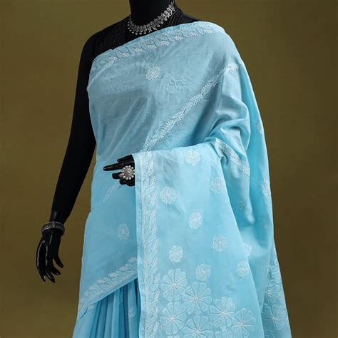 Blue Heavy Hand Embroidered Terivoile Cotton Lucknow Chikan Saree