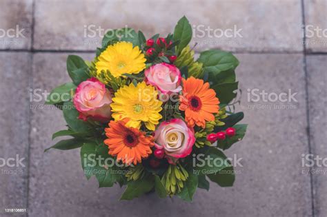 인사말 기념일 또는 어머니의 날 컨셉 거베라와 핑크 장미가 있는 다채로운 신선한 봄 꽃 꽃다발을 클로즈업 새생명에 대한 스톡 사진 및 기타 이미지 Istock