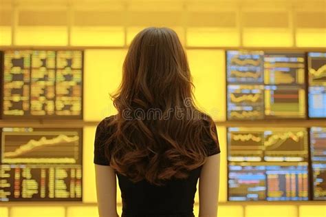 Businesswoman Analyzing Real Time Stock Market Data On Multiple Computer Screens Stock Image