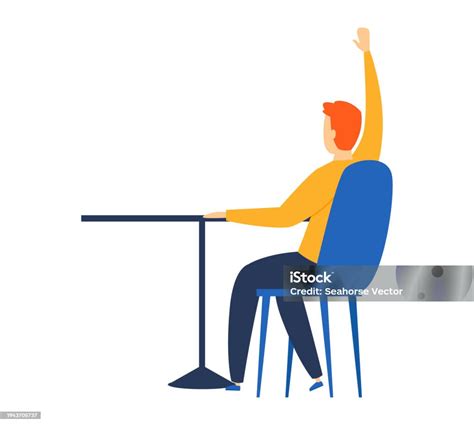 테이블에 앉아있는 남자가 손을 들고 수업 시간에 질문을하는 학생 대답하거나 묻고 싶어하는 남성 참가자 교육 설정 벡터 일러스트 레이 션 교실에 대한 스톡 벡터 아트 및 기타
