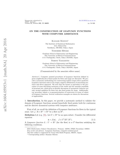 Pdf On The Construction Of Lyapunov Functions With Computer Assistance