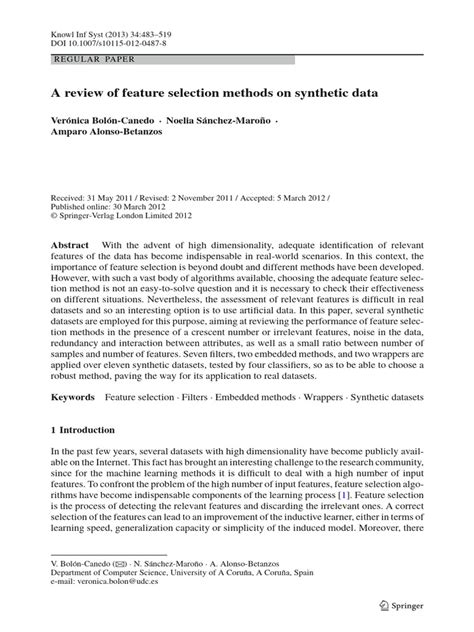 A Review Of Feature Selection Methods On Synthetic Data Pdf Support