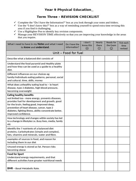Yr 9 Common Test Checklist Term 3 2 Pdf Healthy Diet Wellness