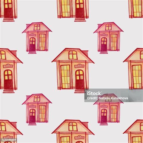 회색 배경 예술 창조적 인 어린이 섬유 또는 포장에 고립 된 창이있는 빨간색과 주황색 손으로 그린 색 연필 집과 원활한 패턴 0명에 대한 스톡 벡터 아트 및 기타 이미지