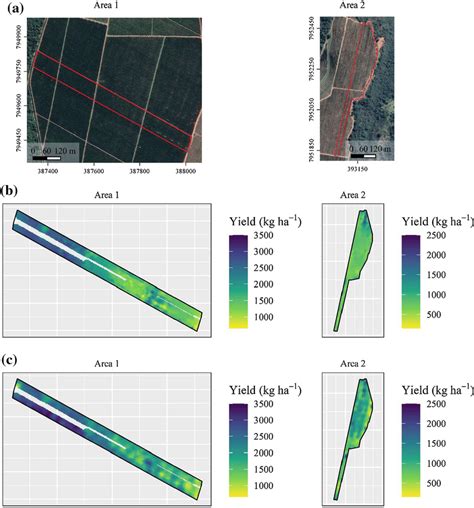 A Study Areas 1 And 2 And B Yield Maps Estimated By The Yield Monitor