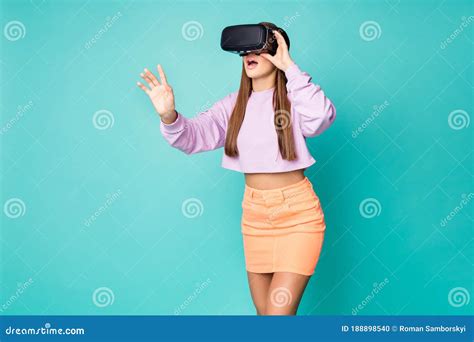 Photo Of Cool Funky Lady Watch Innovation Game Vr Glasses Open Mouth Unbelievable View Wear