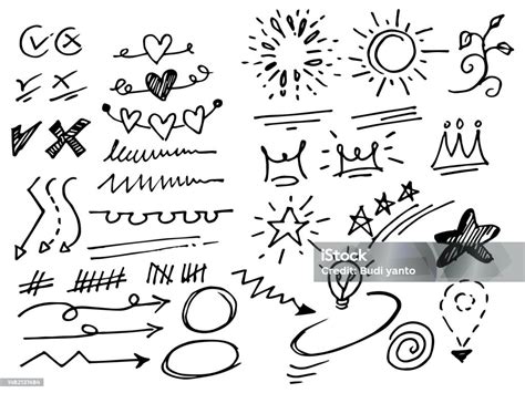 손으로 그린 낙서 벡터 디자인 요소 세트입니다 불꽃 놀이 급습 소용돌이 화살표 심장 사랑 크라운 꽃 별 별 버스트 리본 하이라이트 텍스트 및 강조 요소 개념 설계에 사용