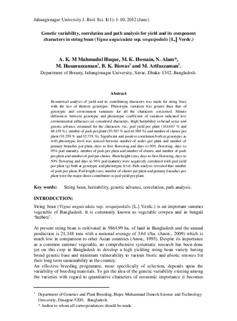 Pdf Genetic Variability Correlation And Path Analysis For Yield And Its Component Characters