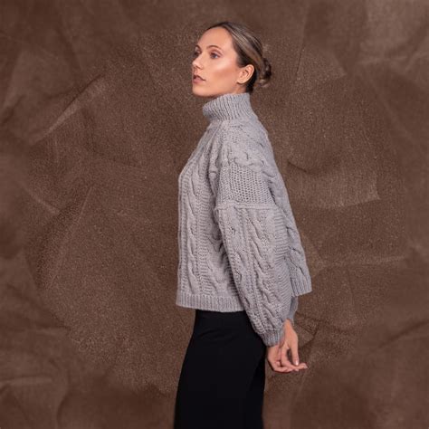 Oversized Cropped Sweater Relaxed Fit Grey Aran Pullover Handmade