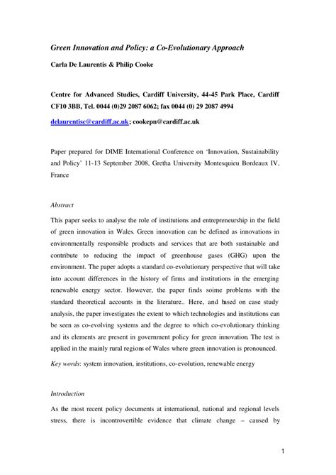 Pdf Green Innovation And Policy A Co Evolutionary Approach