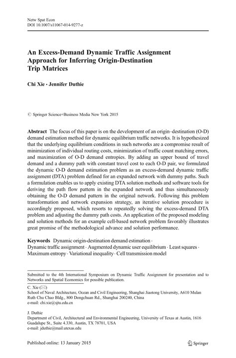 Pdf An Excess Demand Dynamic Traffic Assignment Approach For