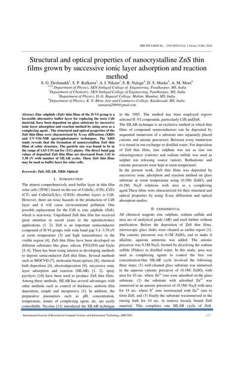 Pdf Structural And Optical Properties Of Nanocrystalline Zns Thin Films Grown By Successive