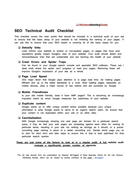 Seo Technical Audit Checklist Printable Pdf Download