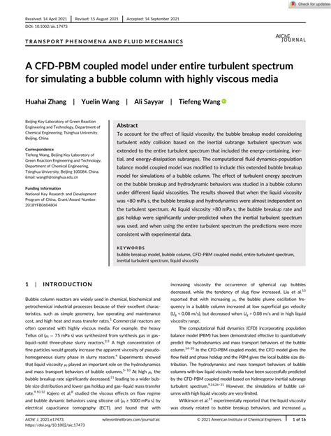 Pdf A Cfd‐pbm Coupled Model Under Entire Turbulent Spectrum For Simulating A Bubble Column