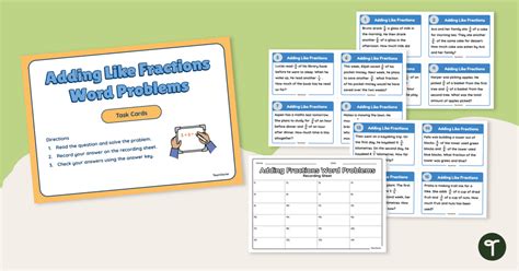 Adding Like Fractions Word Problems Task Cards Teach Starter