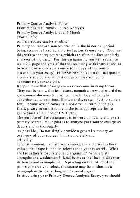 Primary Source Analysis Paperinstructions For Primary Source Analydocx