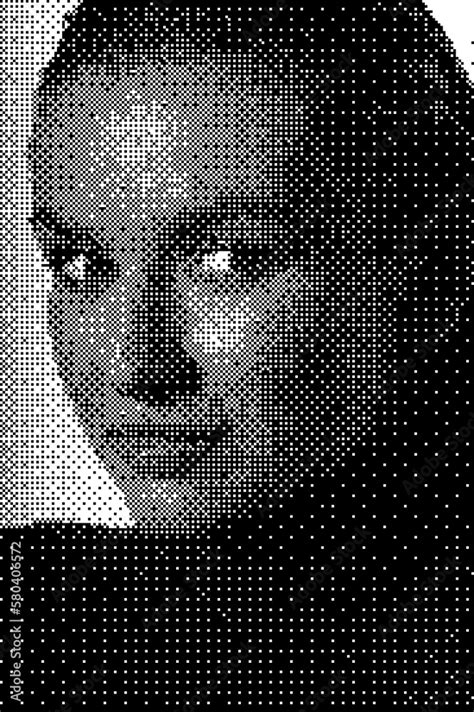 Abstract Woman Portrait Illustration In Halftone Black And White Bitmap