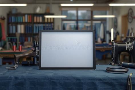 Digital Tablet Interface Display On Modern Workbench With Assorted Tools And Sewing Machine In