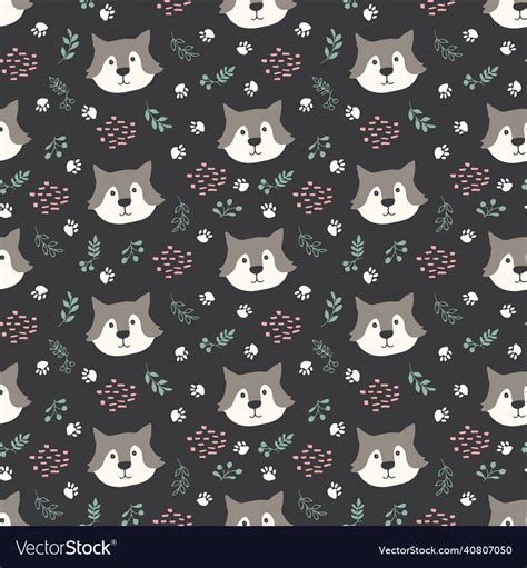Cute Wolf Seamless Pattern Cartoon Animals Vector Image