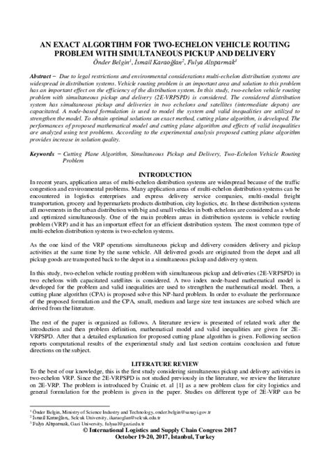 Pdf An Exact Algortihm For Two Echelon Vehicle Routing Problem With Simultaneous Pickup And