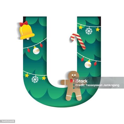 문자 U 알파벳 글꼴 귀여운 메리 크리스마스 개념 생강 빵 남자 사탕 지팡이 벨 크리스마스 트리 캐릭터 글꼴 크리스마스 요소 만화 그린 3d 종이 레이어 컷 아웃 카드 벡터