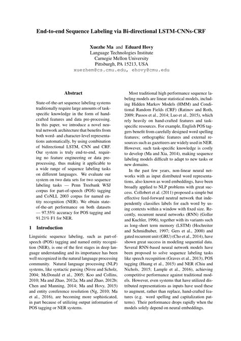 Pdf End To End Sequence Labeling Via Bi Directional Lstm Cnns Crf