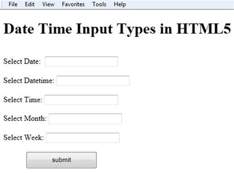 date time form input type in html5