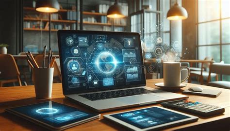 Modern Workspace With Laptop And Digital Interface Stock Illustration