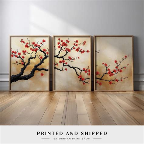 Red Cherry Blossom Canvas Print Wall Art Set Of 3 Elegant Asian