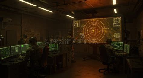 Soldiers Monitoring Radar Screens In A Military Control Room Stock Image Image Of Location