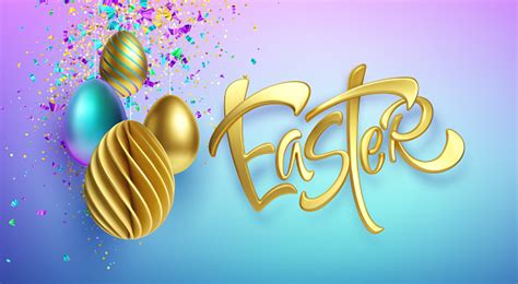 부활절 달걀의 배경에 현대 유행 황금 금속 빛나는 타이포그래피 해피 부활절 전단지 전단지 포스터 및 카드의 디자인을위한 3d