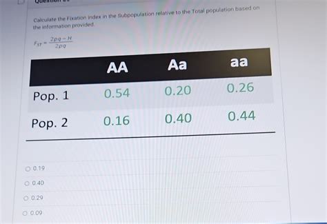 Solved Calculate The Fixation Index In The Subpopulation