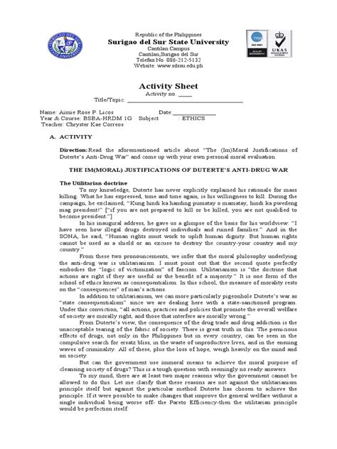 Activity Sheet For Ethics Finals Pdf Homosexuality Utilitarianism