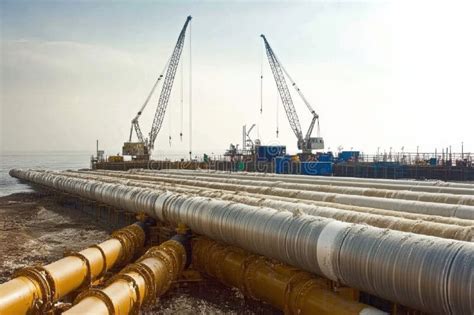 minimalist view of offshore gas pipeline construction with cranes and