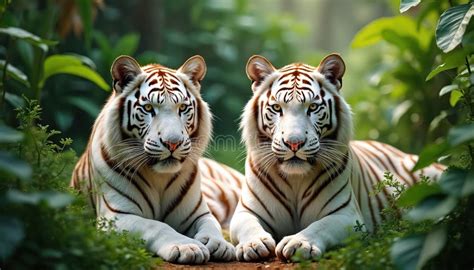 Two Majestic White Tigers Rest Peacefully In Green Jungle Environment