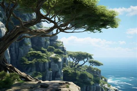 Premium AI Image A Tree With A View Of The Ocean And Mountains