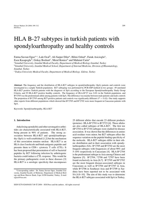 Pdf Hla B 27 Subtypes In Turkish Patients With Spondyloarthropathy