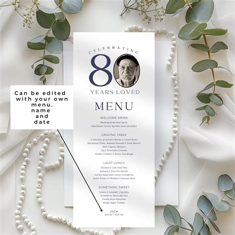 80th Dinner Party Menu With Photo Personalized Birthday Menu 80 Years